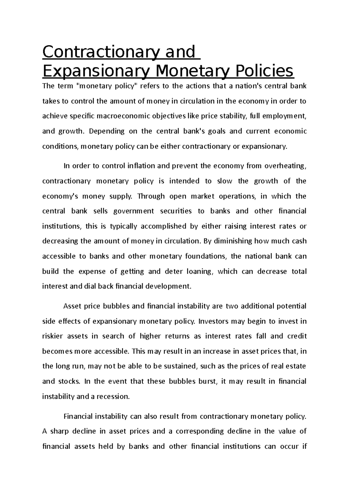 Contractionary and Expansionary Monetary Policies - Contractionary and ...