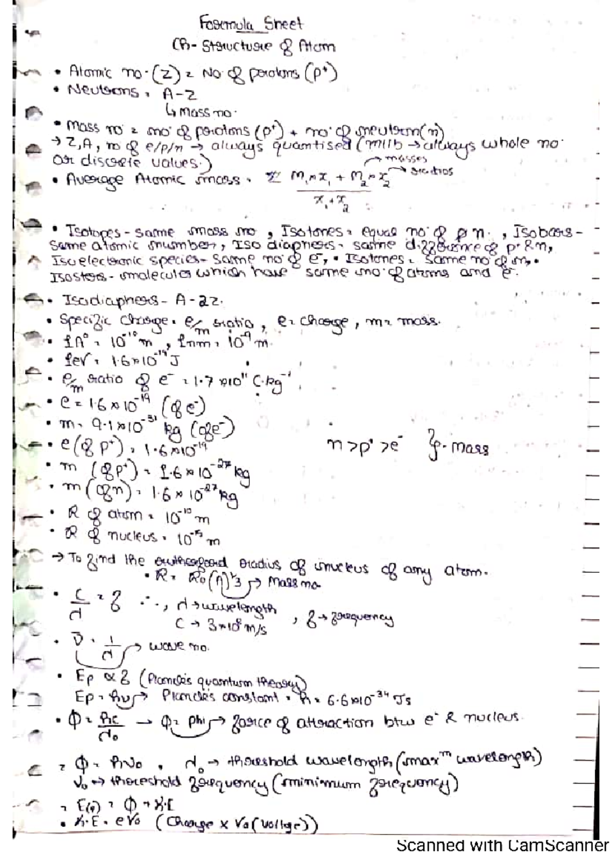 Atomic Structure Formula Sheet: Key Concepts and Definitions - Studocu