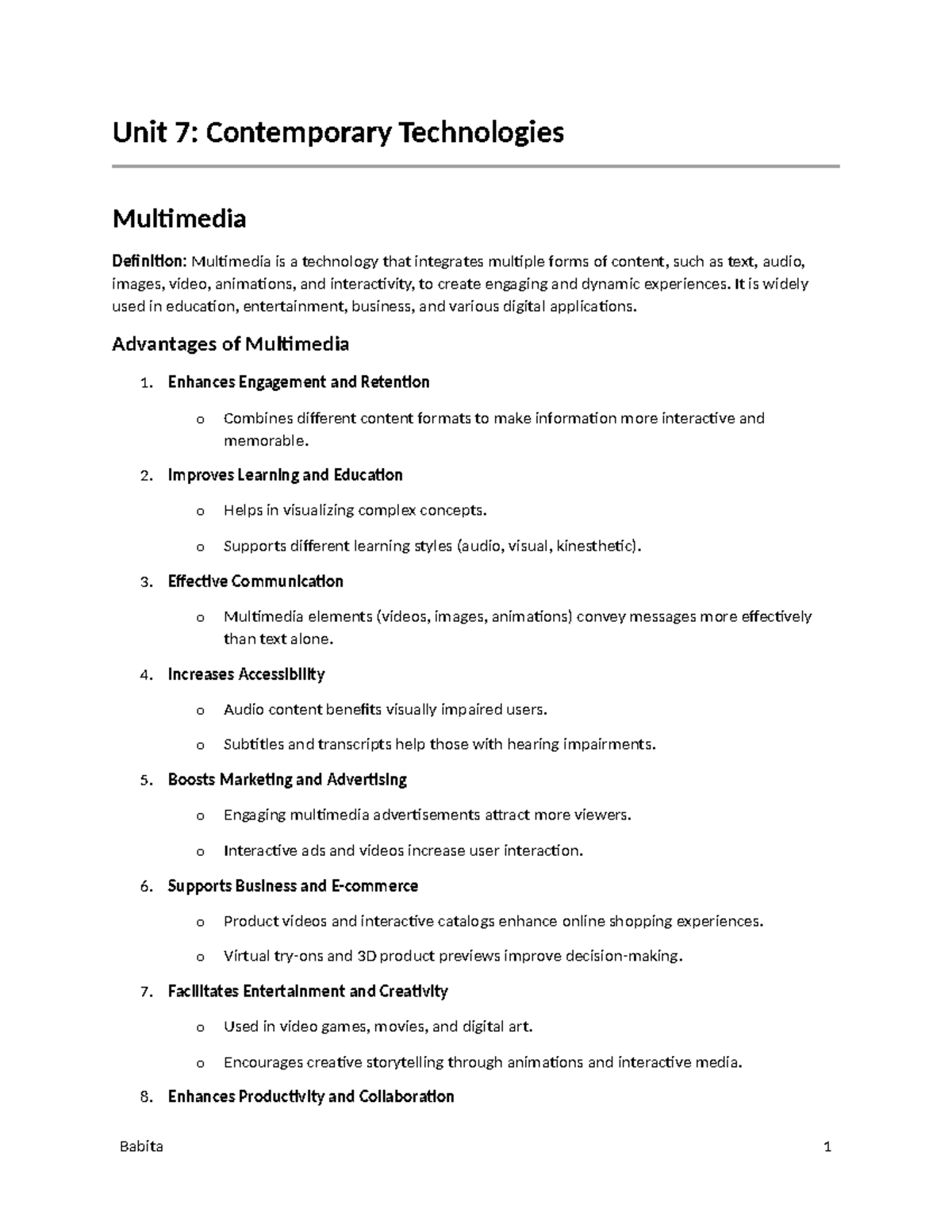 Unit 7: Comprehensive Overview of Multimedia Technologies and ...