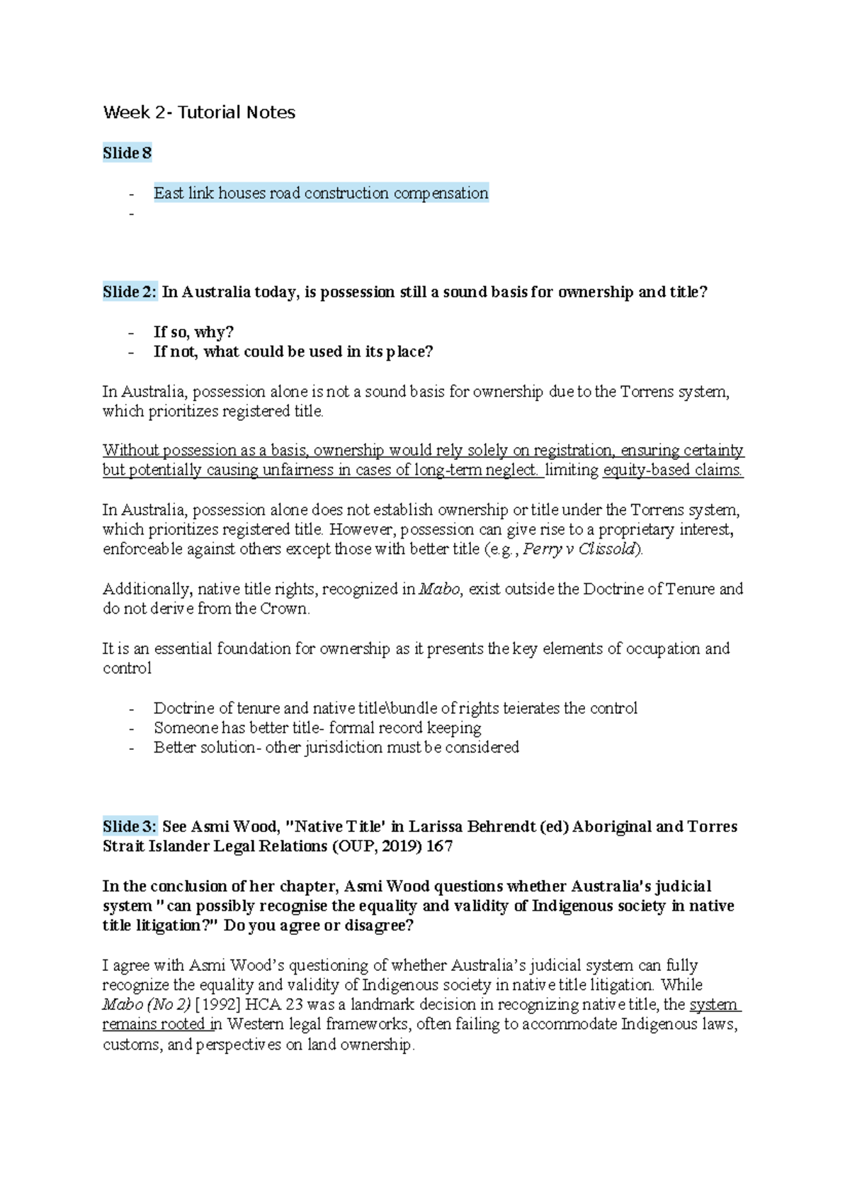 Week 2 Tutorial Notes: Ownership, Title, and Native Rights in Australia ...