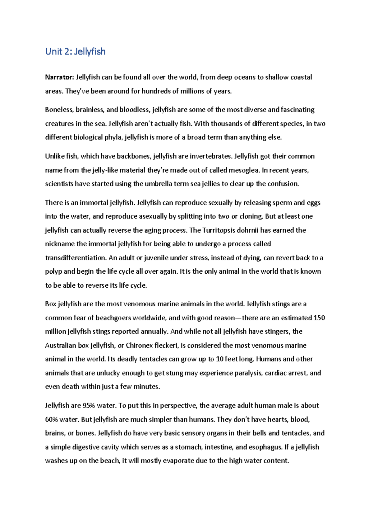 Unit 2 - Jellyfish - Fascinating Creatures of the Sea - Essay - Studocu