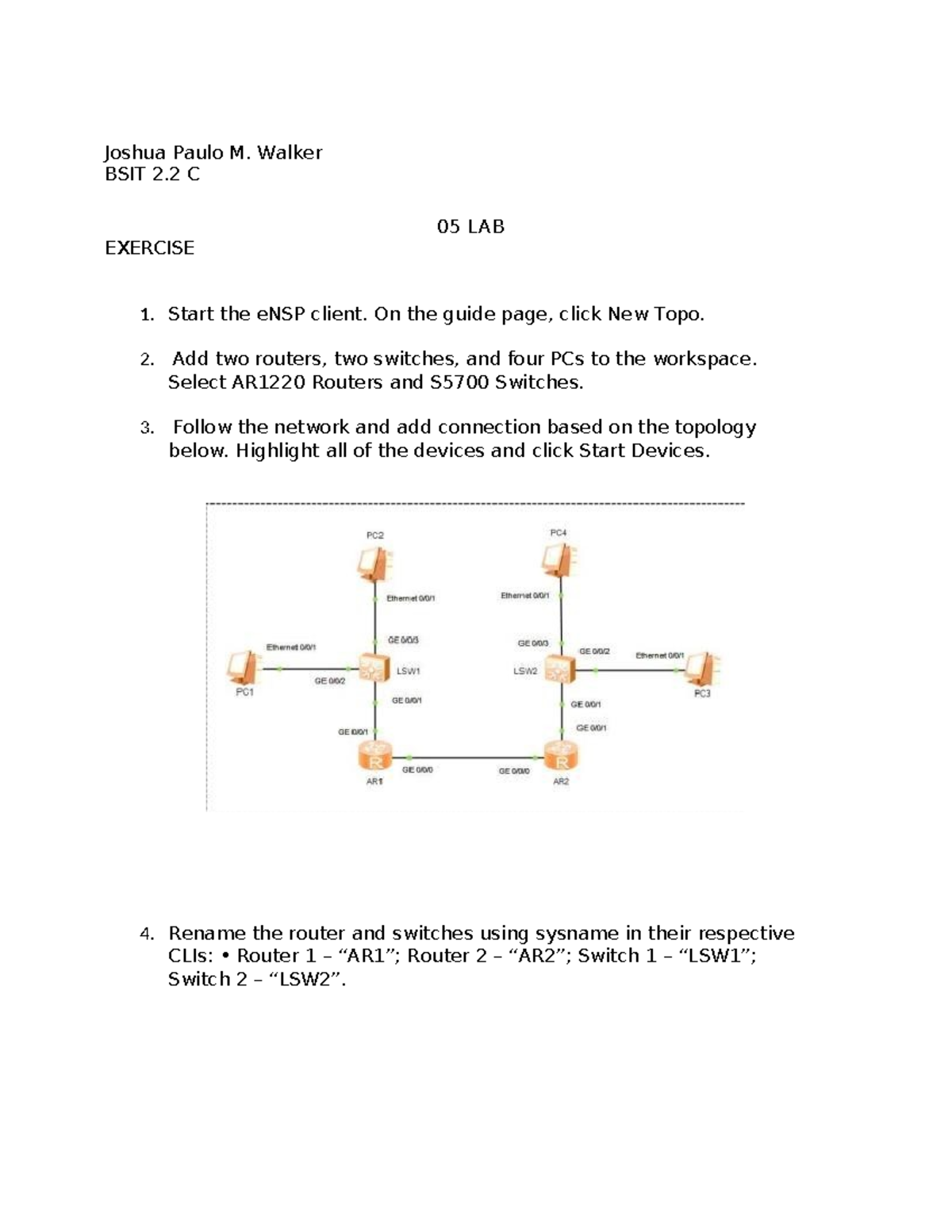 BSIT 2.2 C - Walker 05 Lab Exercise 1: Network Configuration Guide - Studocu
