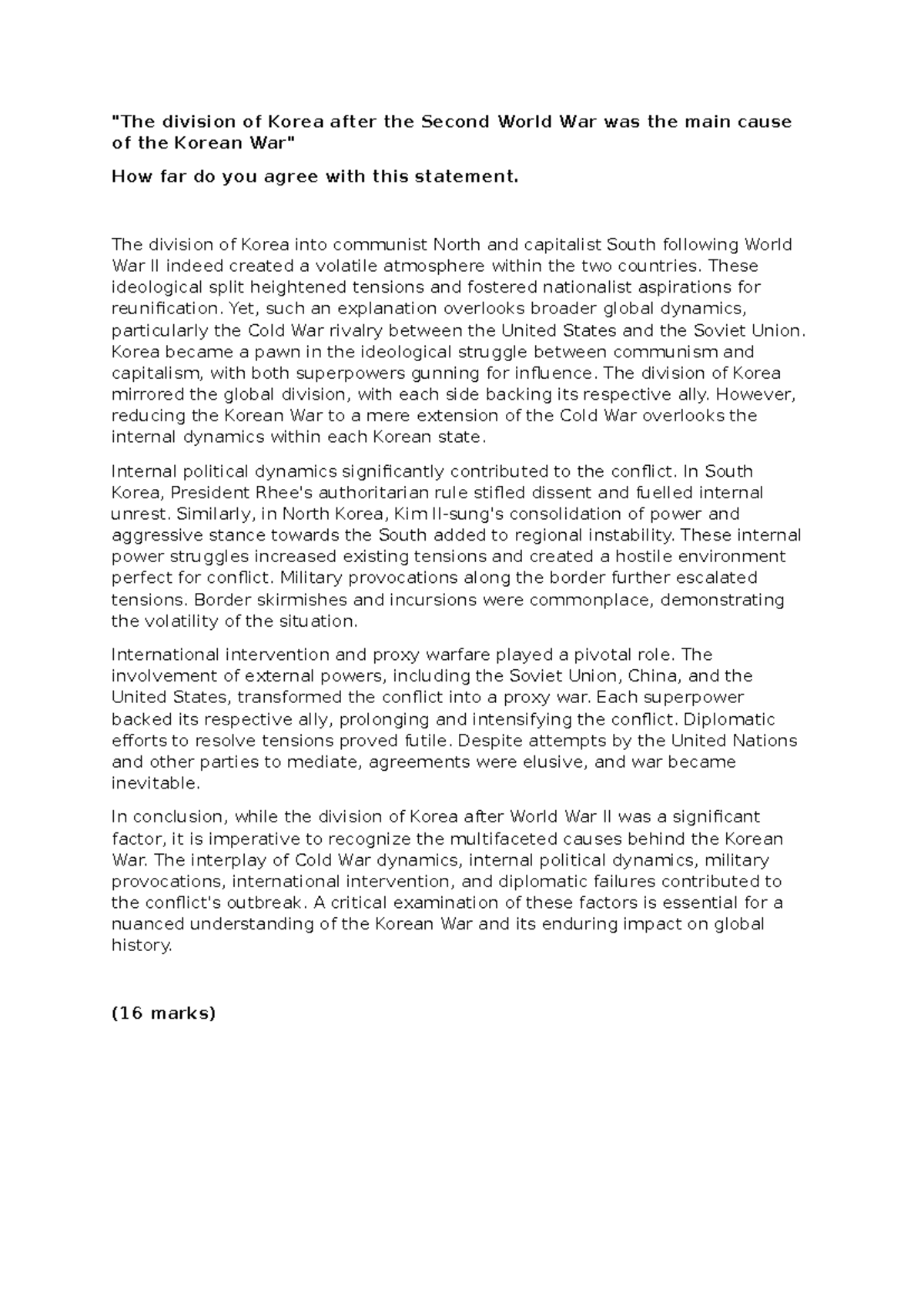Korean War Causes: Analyzing the 16 Marker Essay - Studocu