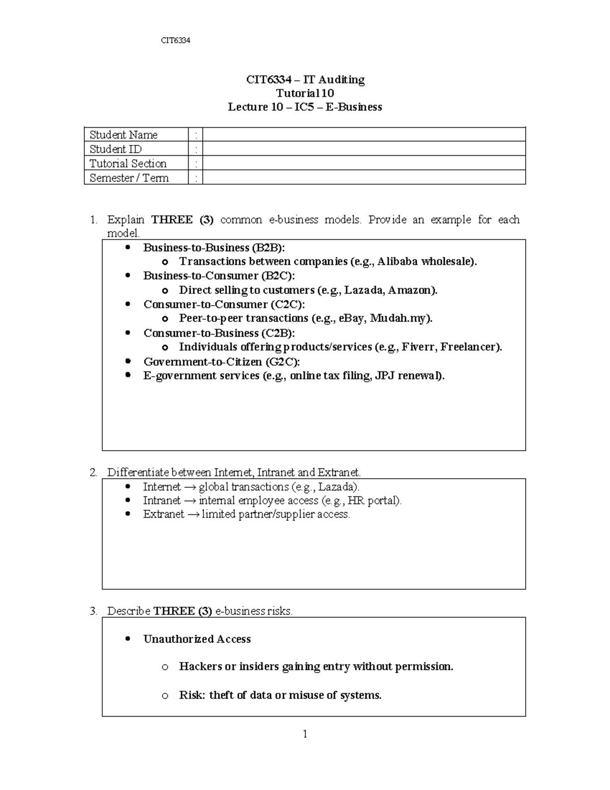 CIT6334 IT Auditing Tutorial 10: Common Models, Risks & Controls - Studocu