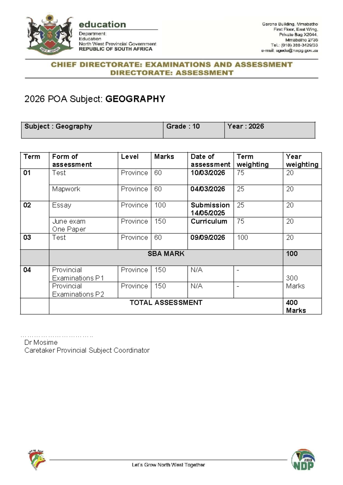 Geography POA Assessment Overview for Grades 10-12 (2026) - Studocu