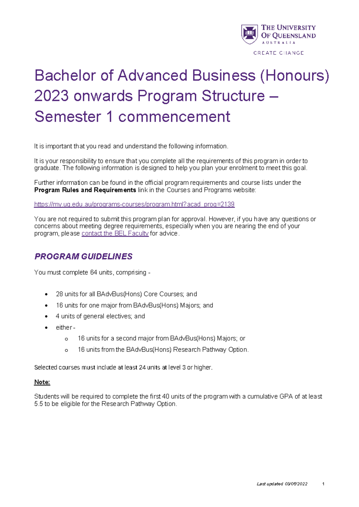 BAdv Bus(Hons) Sem 1 2023 Program Structure and Guidelines - Studocu