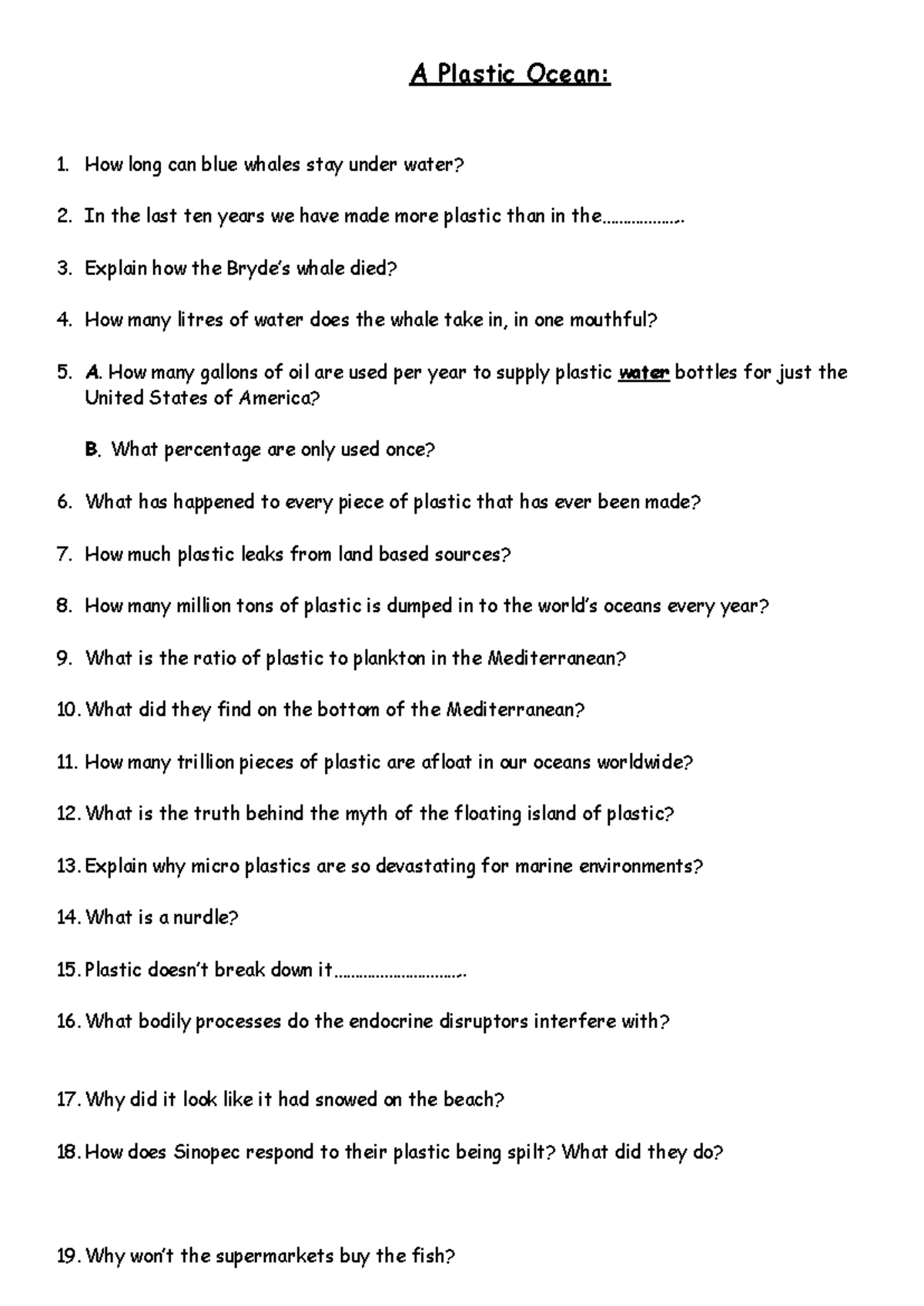 A-Plastic-Ocean Documentary Questions & Insights for Students - Studocu