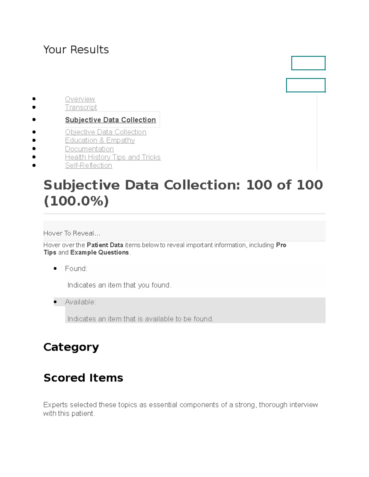Shadow Health Health History Subjective Data Collection - Your Results ...