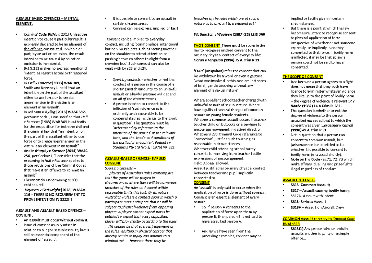 ASSAULT BASED OFFENCES & MENTAL ELEMENTS - Criminal Code (WA) Analysis ...