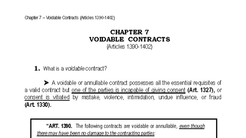 Chapter 7: Voidable Contracts - Key Articles and Concepts (OBLICON) - Studocu