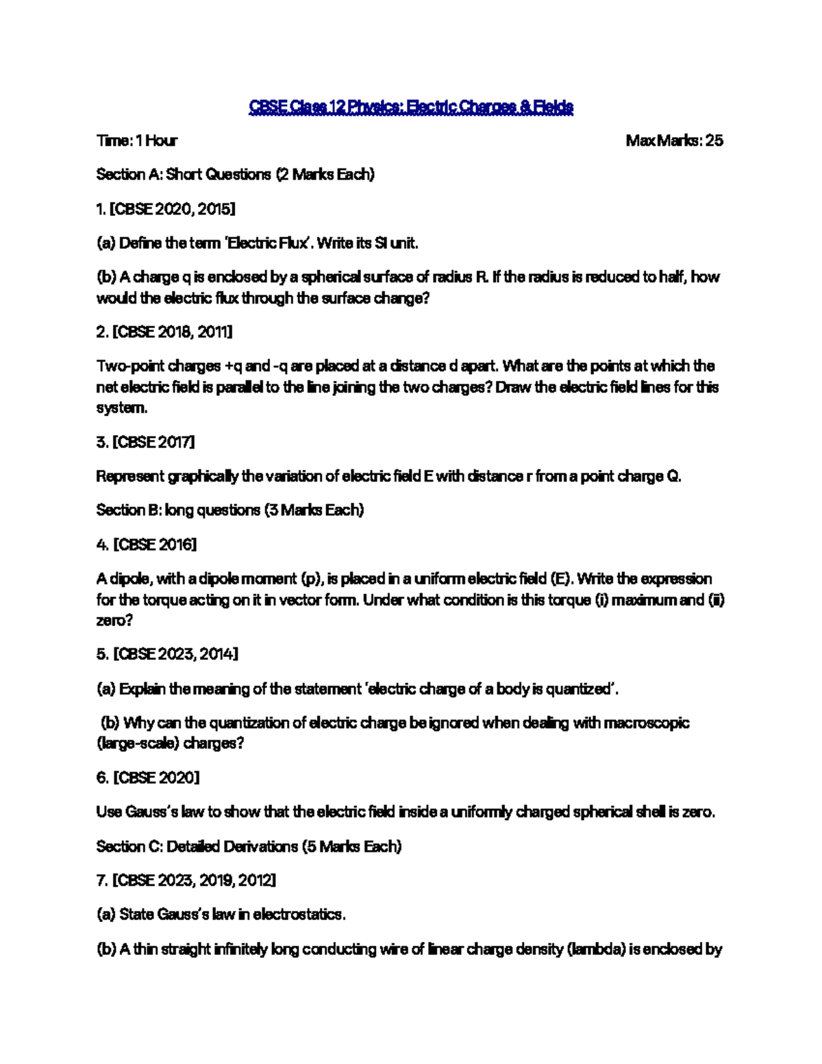 CBSE Class 12 Physics: Electric Charge & Field Test Notes - Studocu