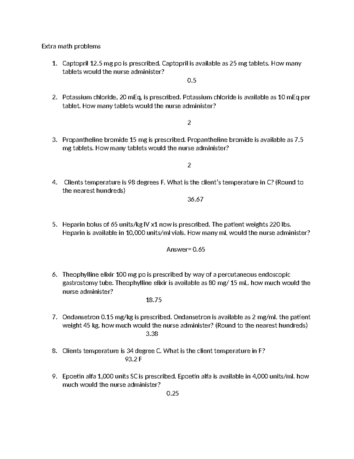 Math Problems Answers - Dosage Calculations for Nursing (NUR 101) - Studocu