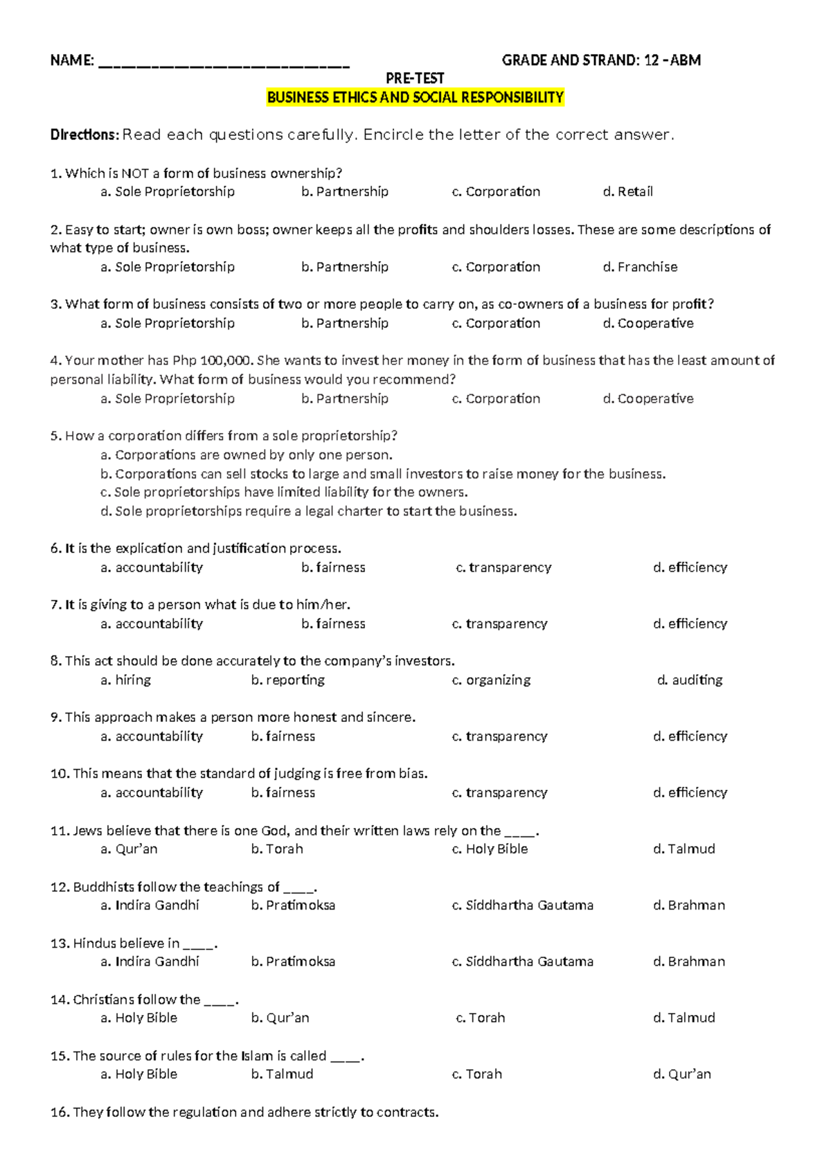 Pretest - HNML: Business Ethics & Social Responsibility Quiz - Studocu