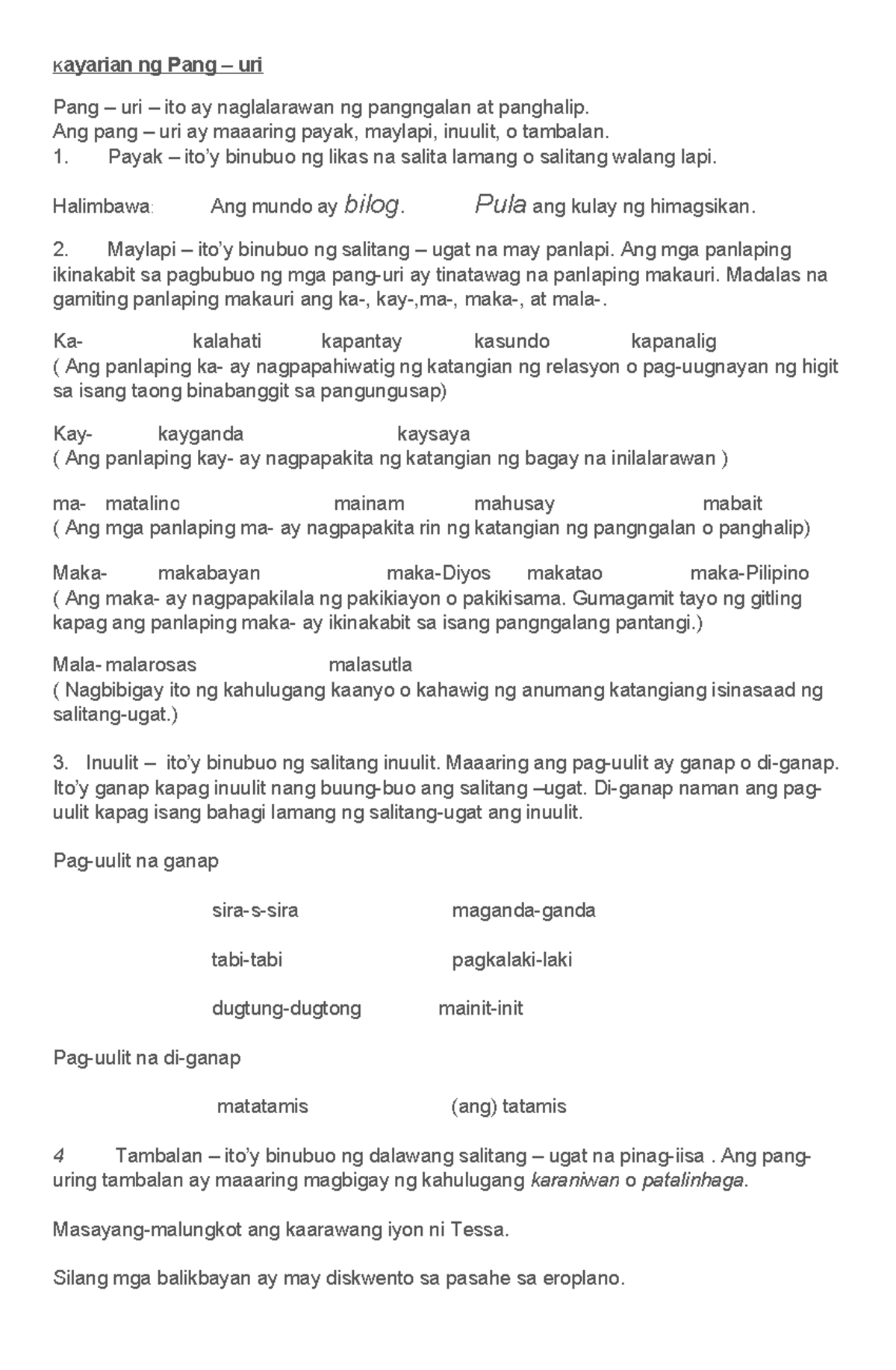 Kayarian ng Pang-uri: Payak, Maylapi, Inuulit at Tambalan - Studocu