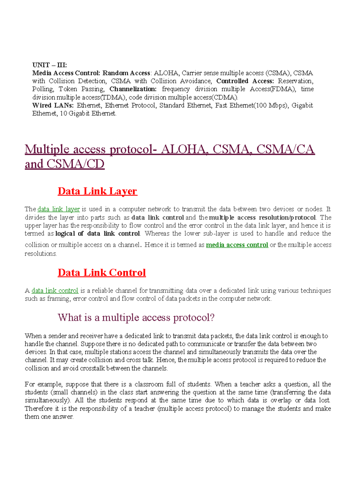 Unit-3: Media Access Control, Random Access & Ethernet Protocols ...