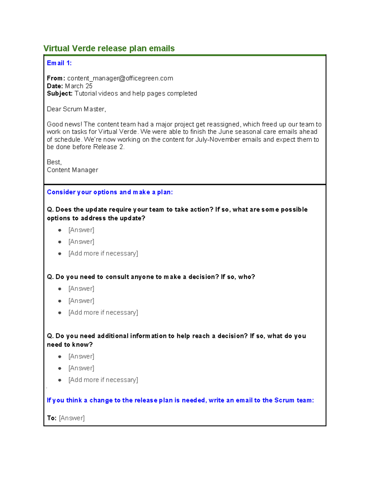 Virtual Verde Release Plan Updates: Emails & Action Items - Studocu