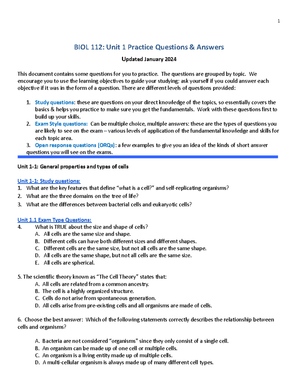 Unit 1 practice questions Q only Studentjan 24 - BIOL 112: Unit 1 ...