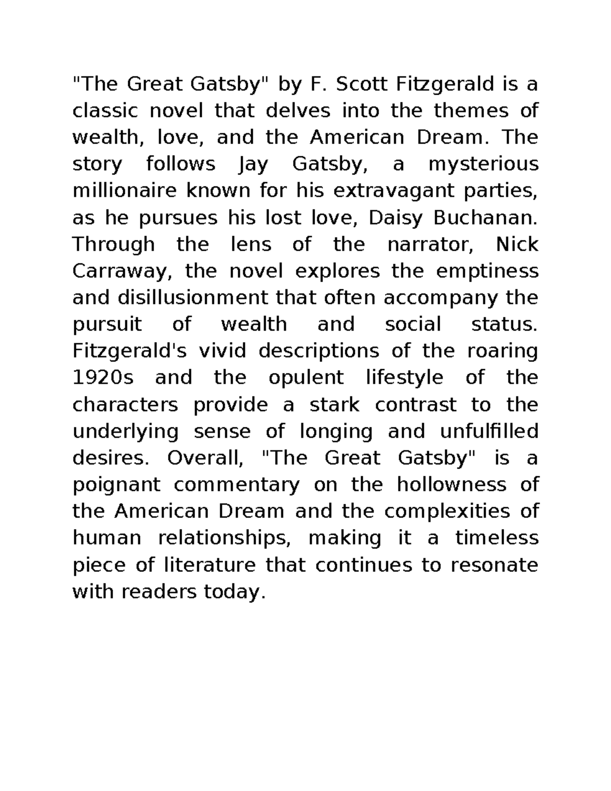The Great Gatsby - "The Great Gatsby" by F. Scott Fitzgerald is a ...