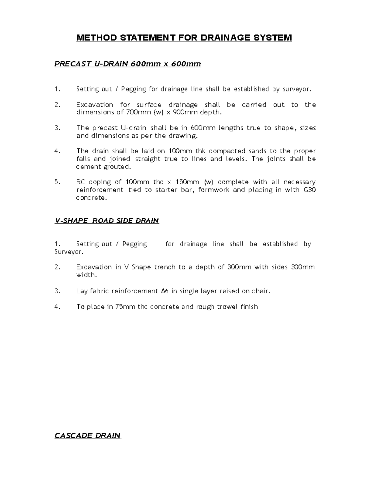 Method Statement for Drainage System: Precast & Culvert Details - Studocu