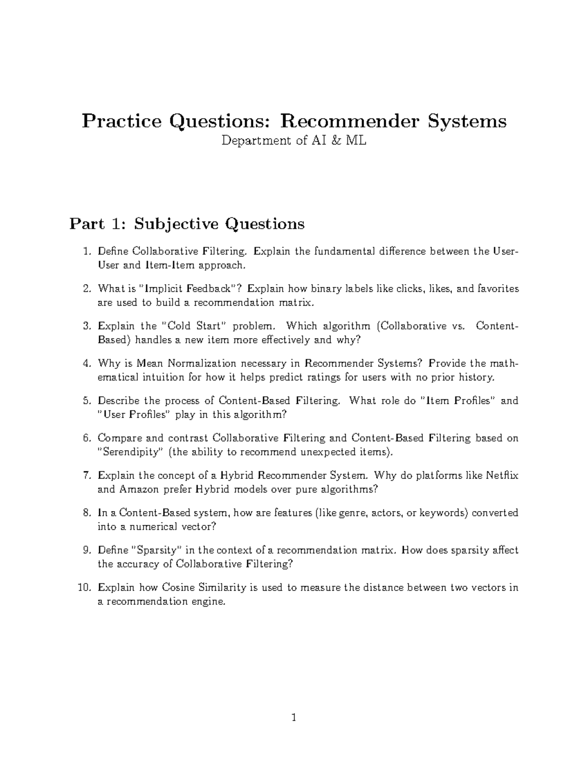 Practice Questions: Recommender Systems AI ML - Unit 6 - Studocu