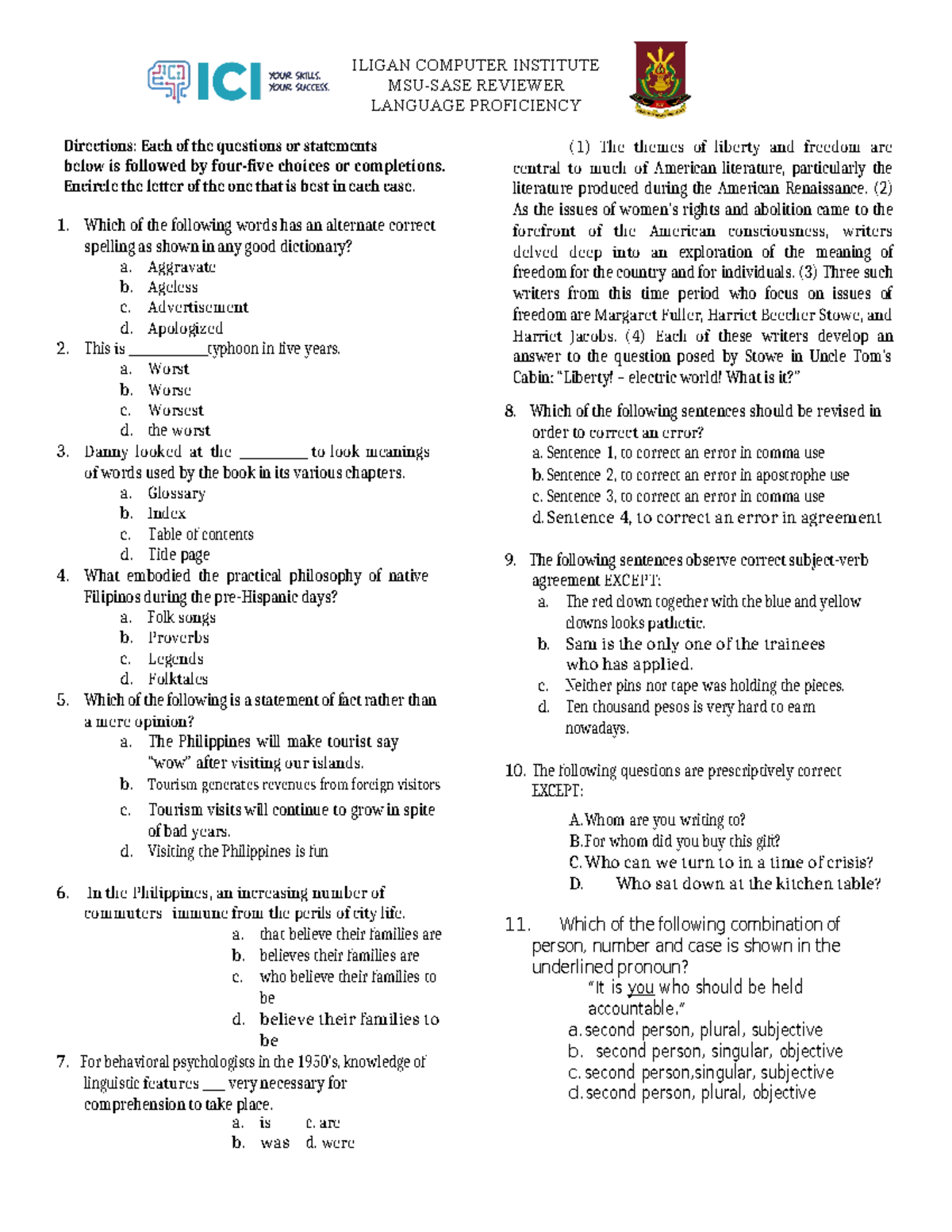 MSU SASE Language Proficiency Practice Exam 1-30 Review - Studocu