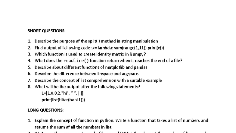 Important Questions for Python Programming (AKTU) - Studocu