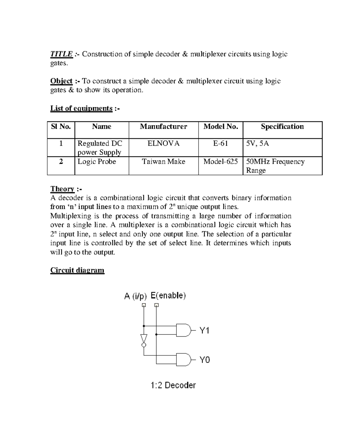 Decoder and Mux using basic gates - TITLE :- Construction of simple ...
