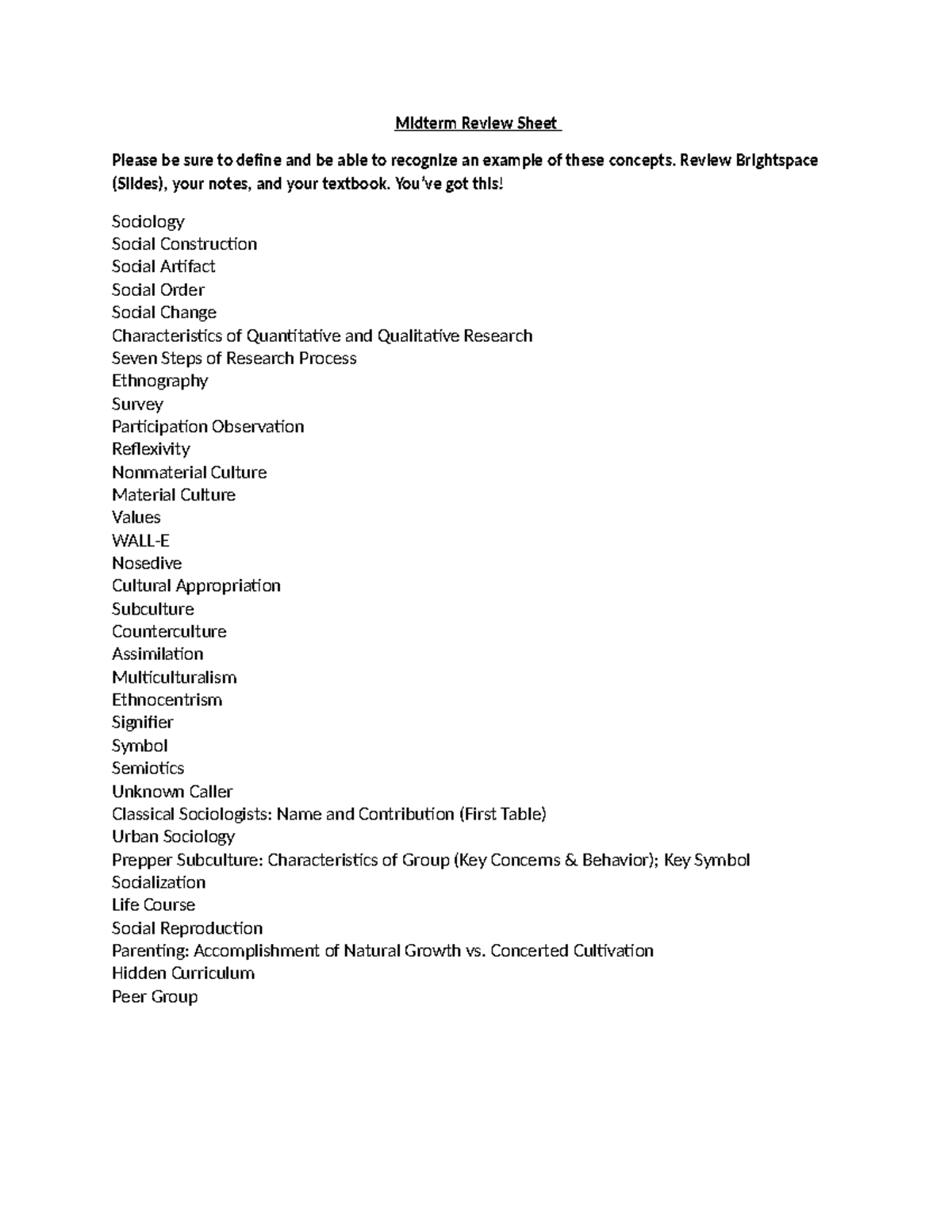 Sociology SOC101 Midterm Review Sheet: Key Concepts & Principles - Studocu