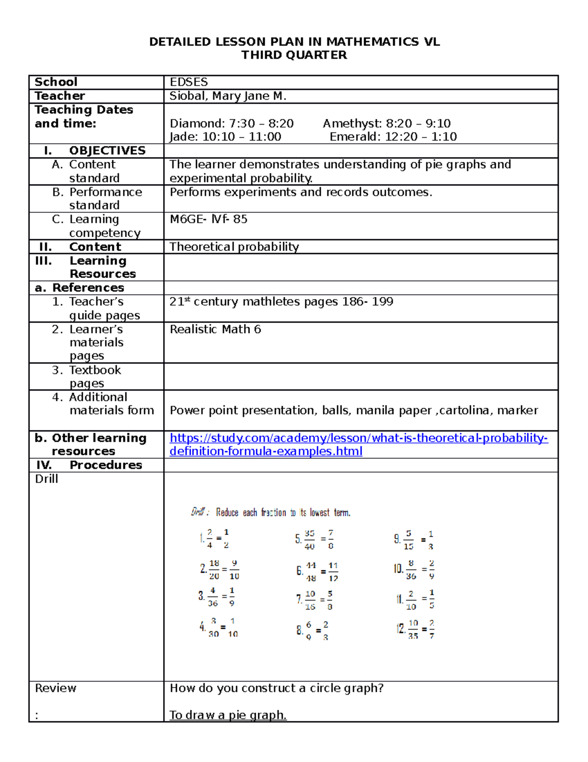 Math VI Final Exam: Theoretical Probability - Detailed Lesson Plan ...