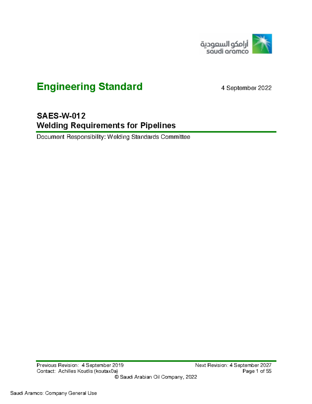 Welding Requirements for Pipelines: SAES W 012 2022-2027 Standards Guide - Studocu