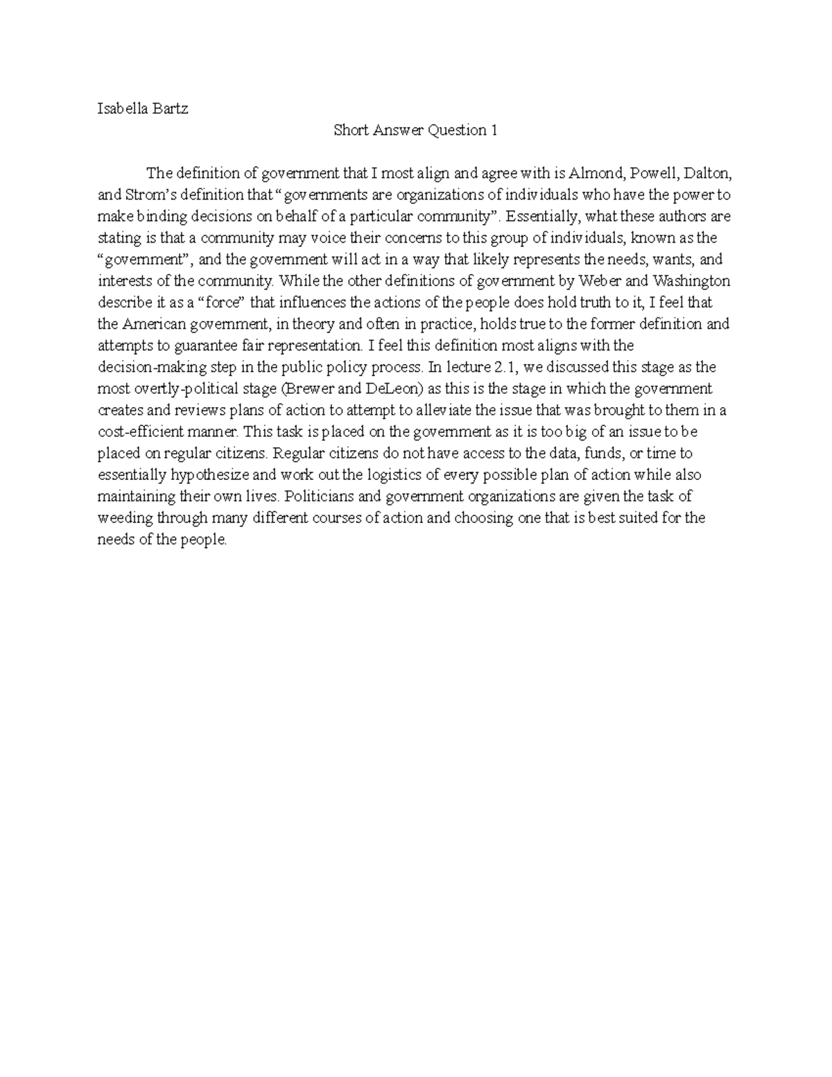 Short Answer Question 1 - Isabella Bartz Short Answer Question 1 The ...