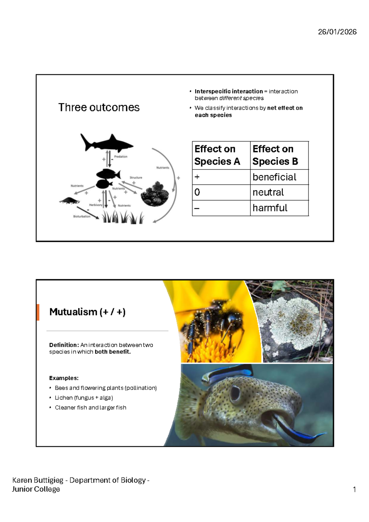 Biology 101: Interspecific Interactions and Classifications - Studocu