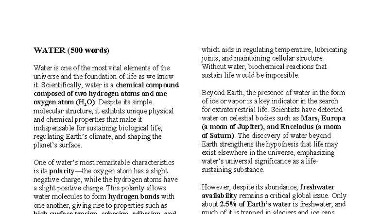 Water: The Essential Liquid of Life and Its Global Importance - Studocu