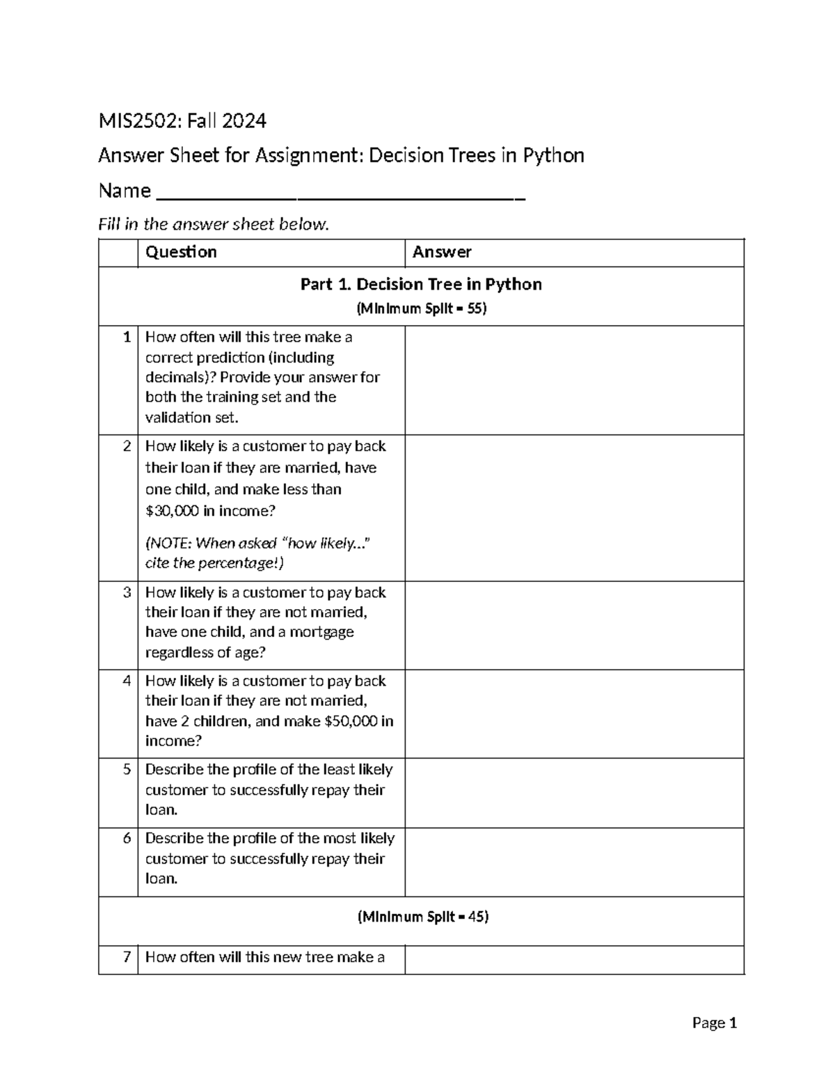 Assignment #6 - Decision Tree [ Answer Sheet] - MIS2502: Fall 2024 ...
