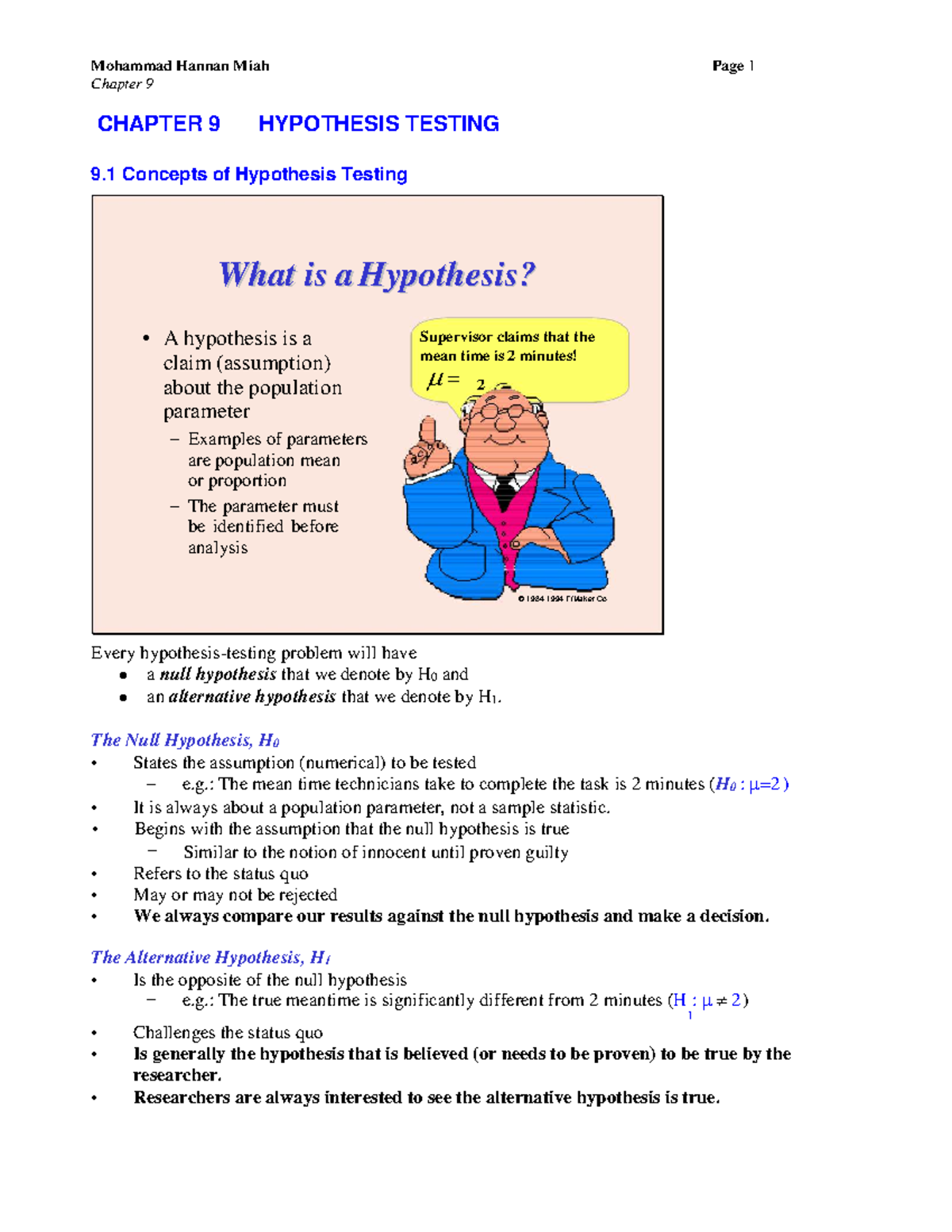 Hypothesis Testing Concepts and Procedures - Chapter 9 (Course Code ...