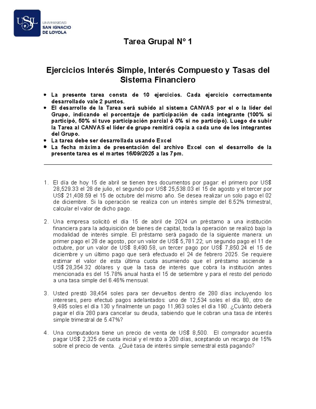 Tarea Grupal Nº 1: Ejercicios de Interés Simple y Compuesto - Studocu