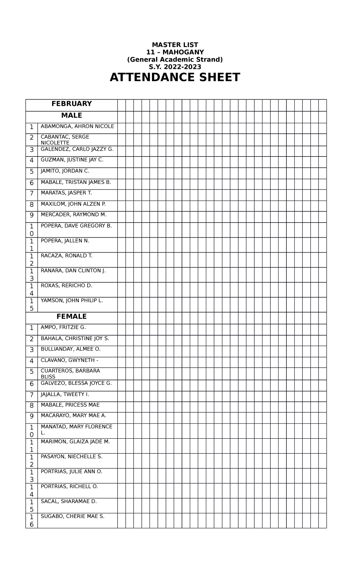 Attendance Sheet - Master List for 11 Mahogany (S.Y. 2022-2023) - Studocu