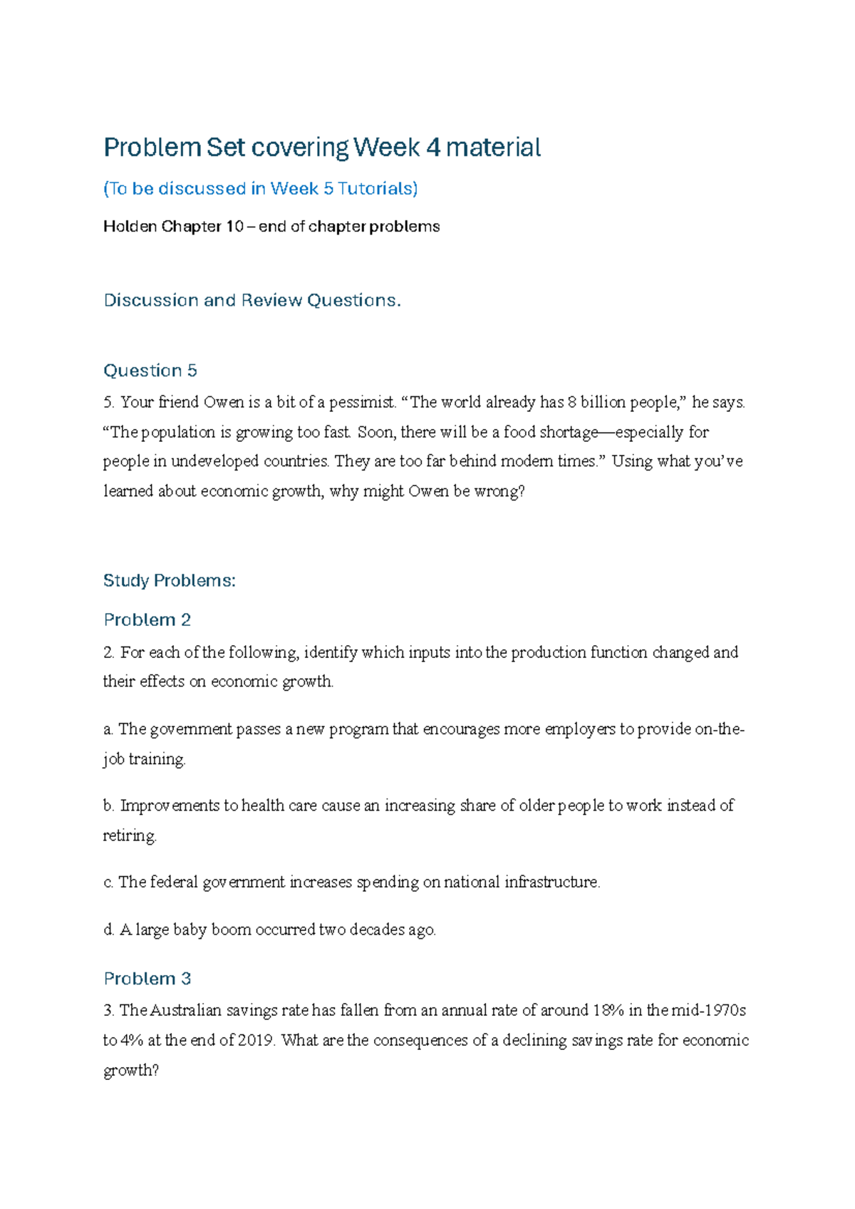 Problem Set Week 4: Economic Growth Discussion & Review Questions - Studocu