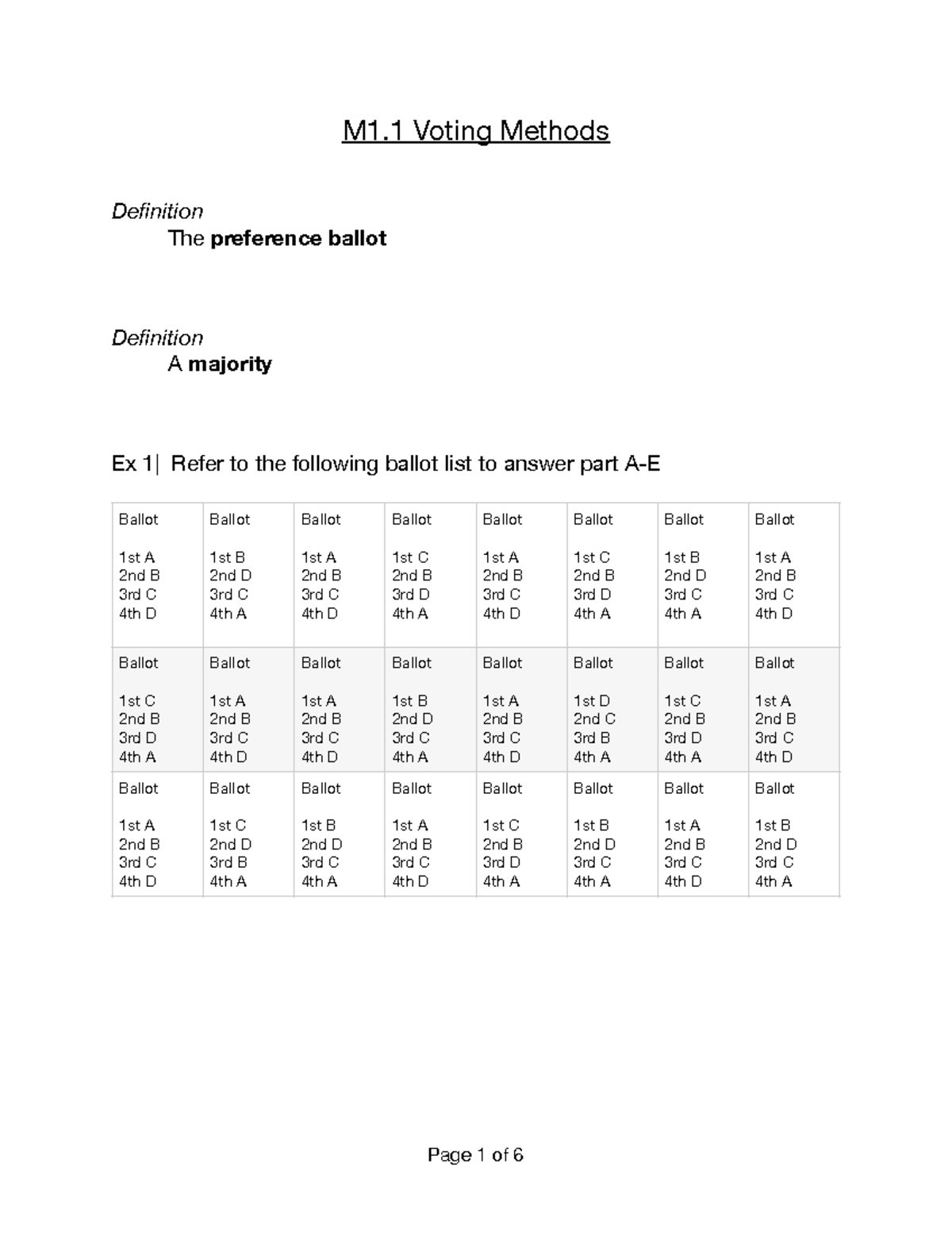 M1.1 Voting Methods: Preference Ballots, Plurality & Borda Count ...