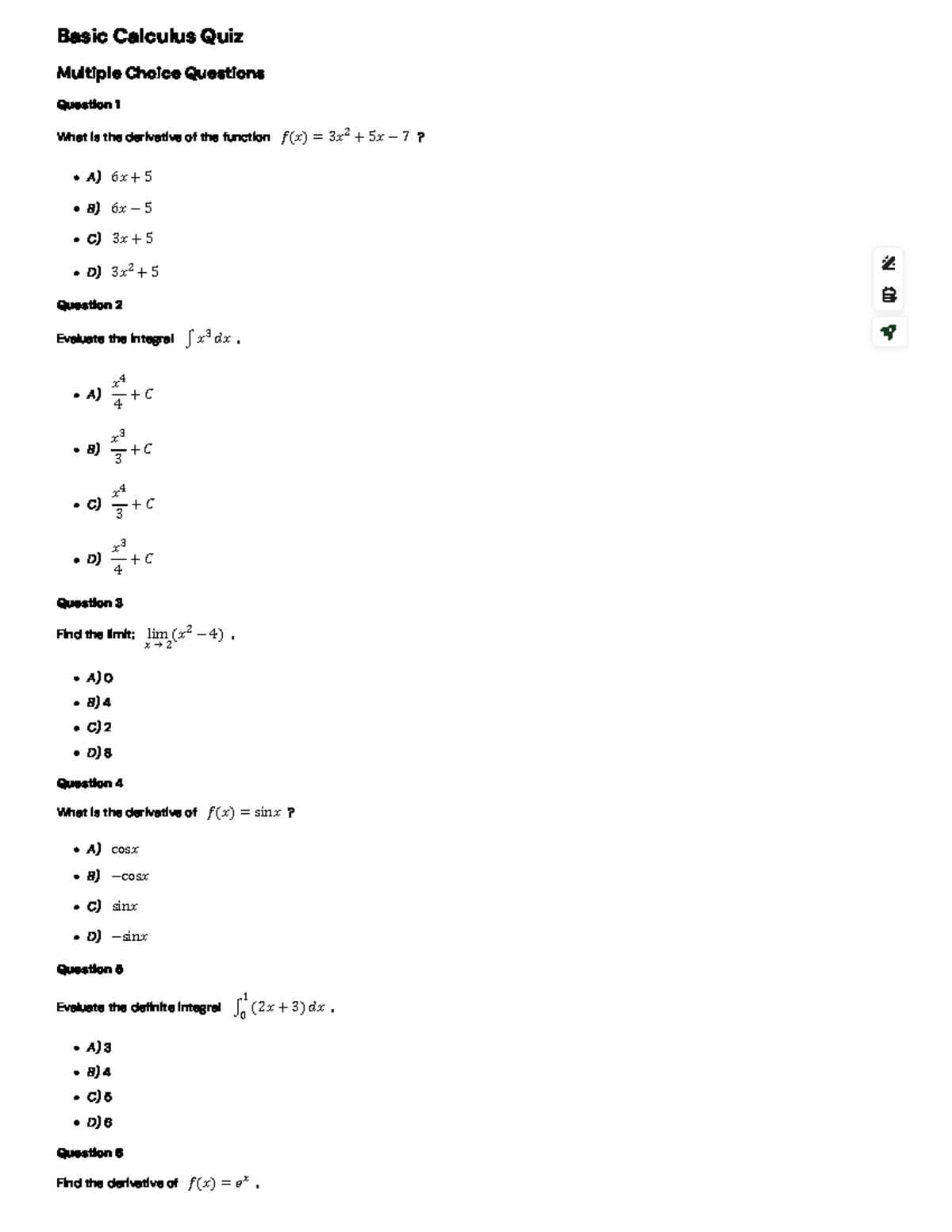 Basic Calculus Quiz MCQs - Problem Sets (MATH101) - Studocu