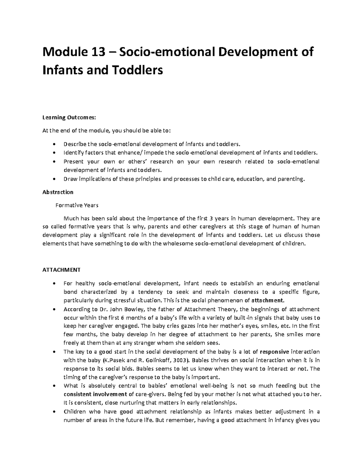 Module 13: Socio-Emotional Development of Infants & Toddlers - Studocu