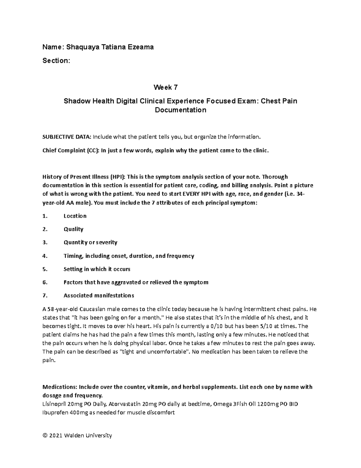 Week 7 Chest Pain Case Study - Shadow Health Clinical Experience - Studocu