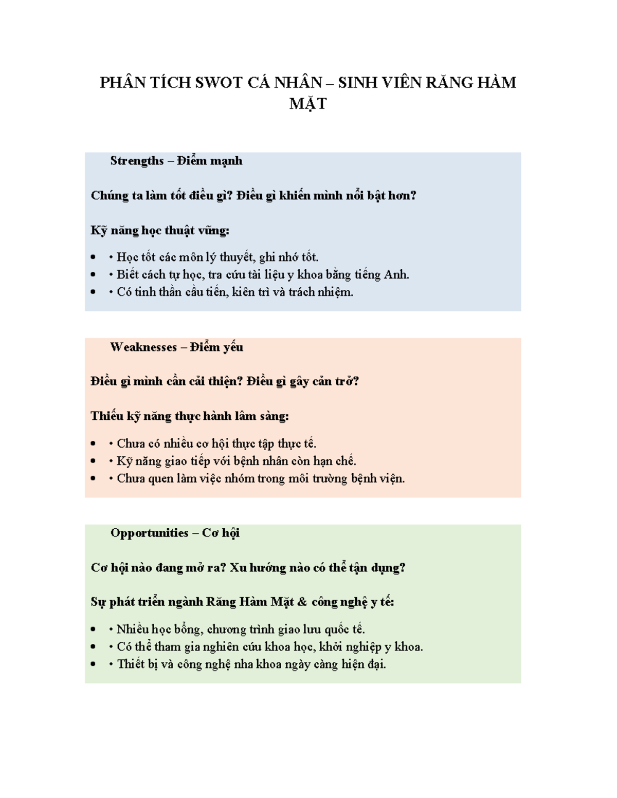 Phân Tích SWOT Cá Nhân Sinh Viên RHM Mới - Studocu