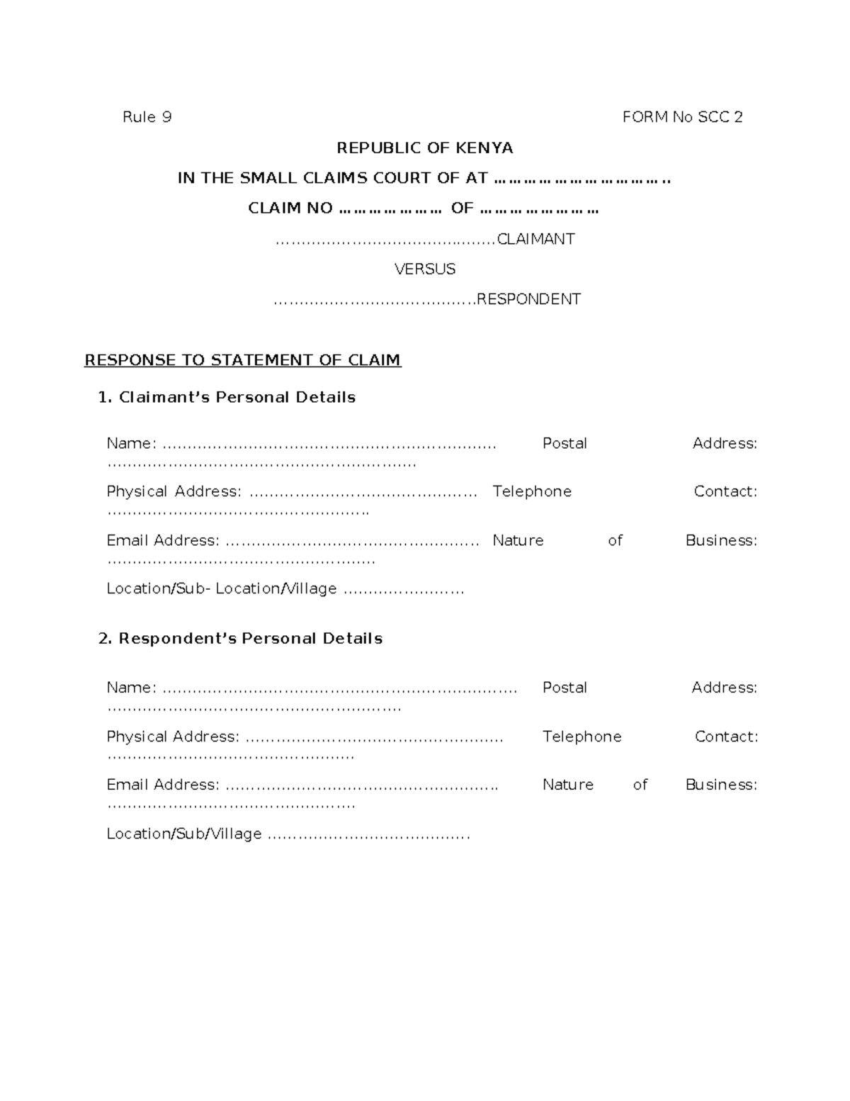 Small Claims Court Response to Statement of Claim - SCC 2 - Studocu