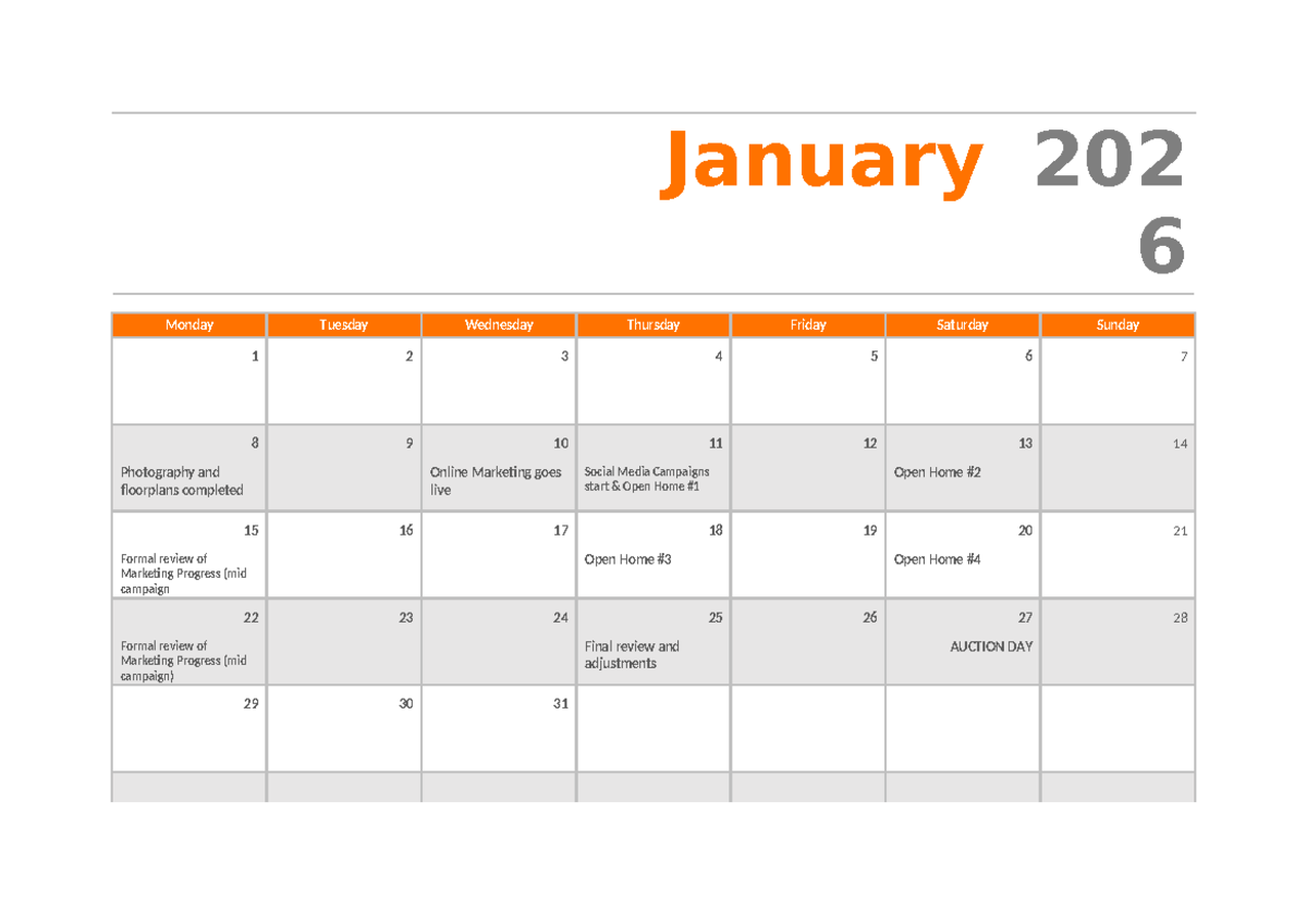 Cpprep 4102 Marketing Timeline Calendar - January 202 6 Monday Tuesday ...