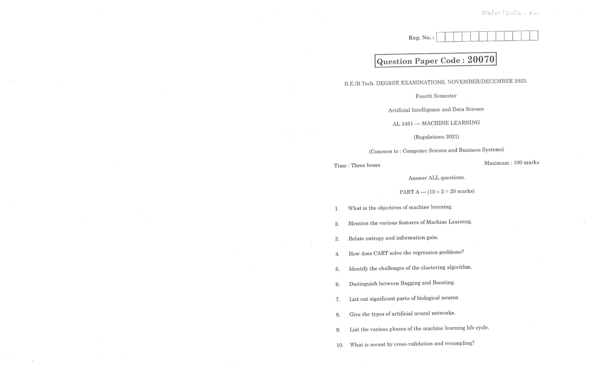 AL3451 - Machine Learning Final Exam Questions 2023 - Studocu