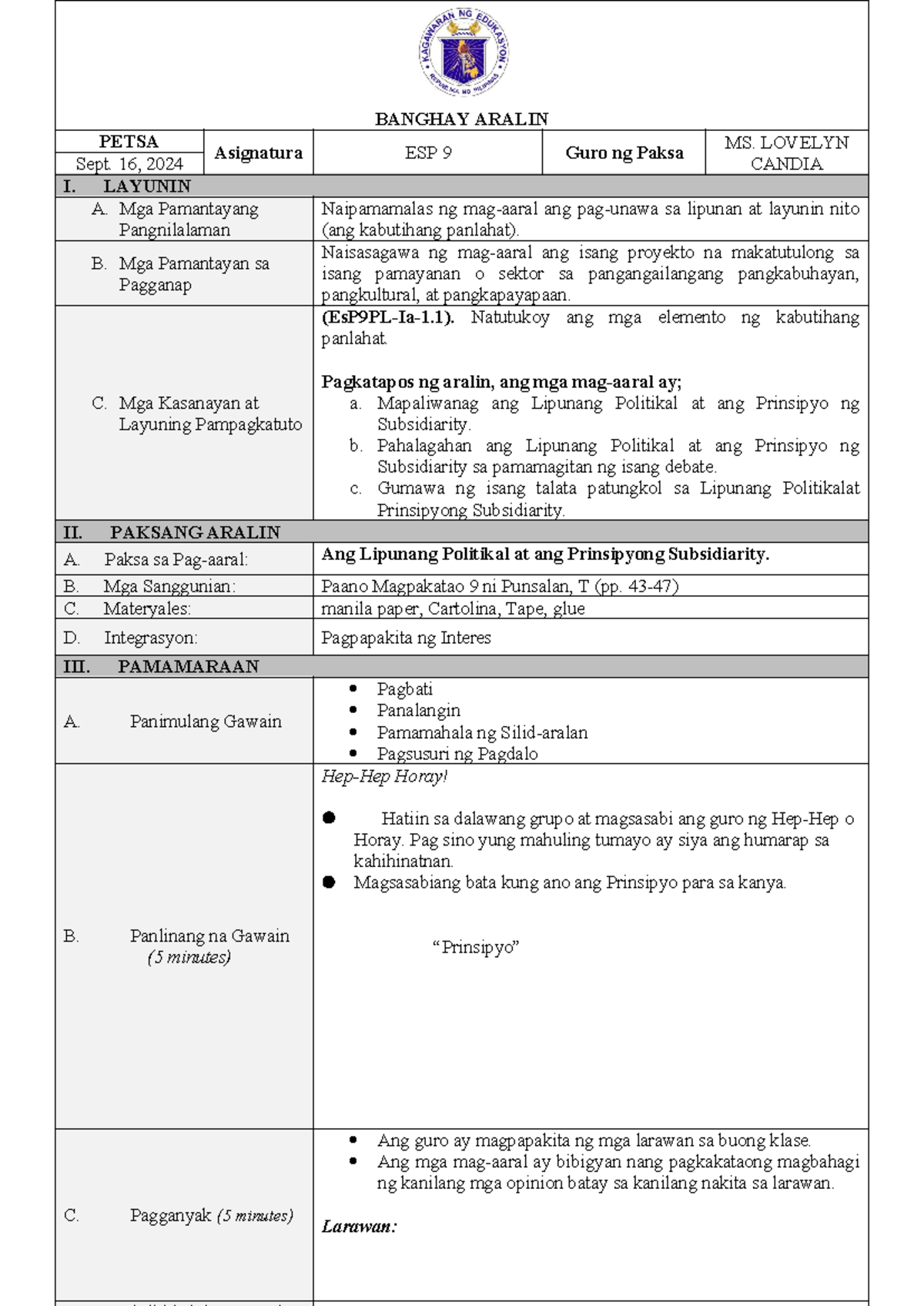 ESP 9 Semi-Detailed Lesson Plan: Lipunang Politikal at Subsidiarity ...