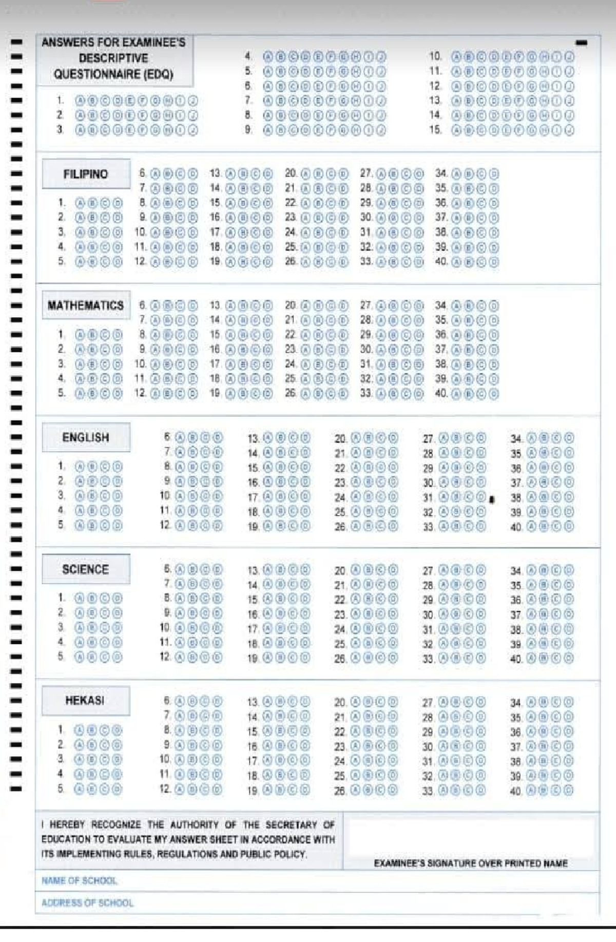 NAT-Answer Sheet for Descriptive Questionnaire (EDQ) - Studocu