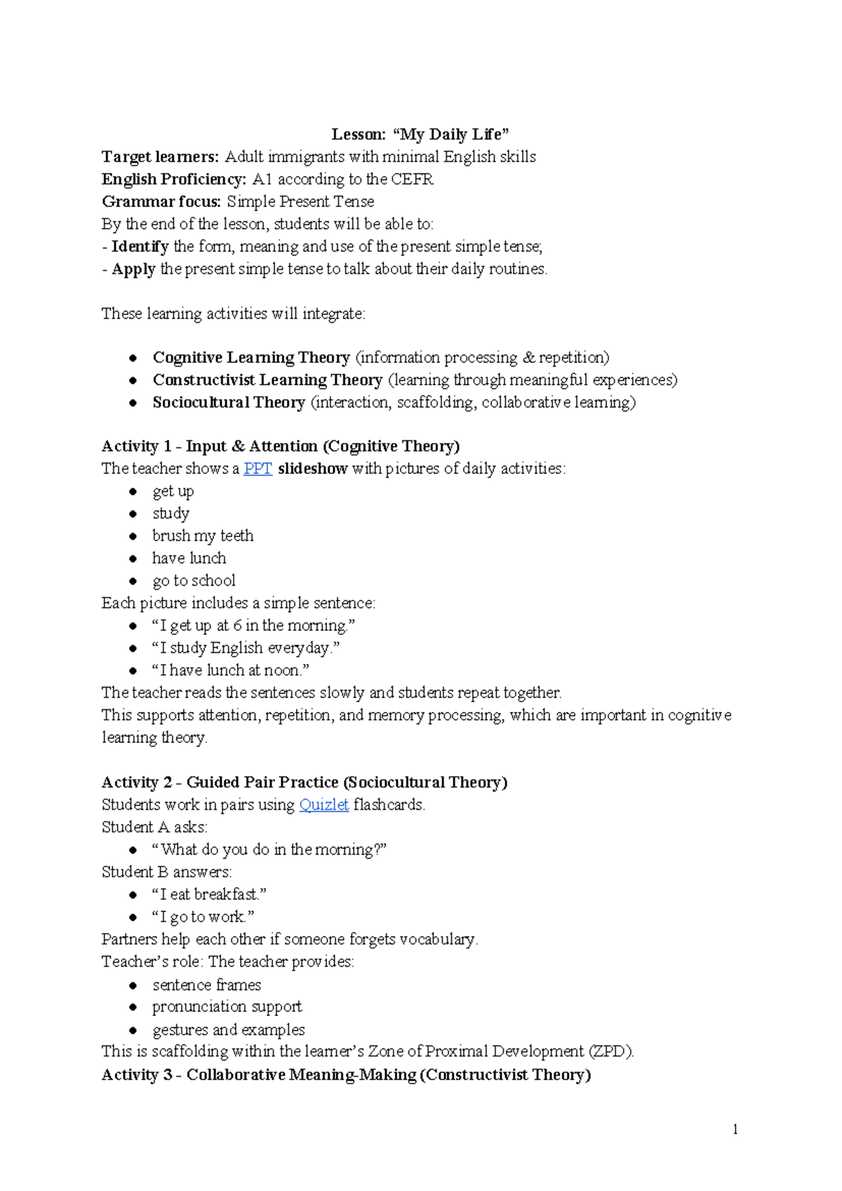 Lesson Plan: Present Simple for A1 Adult Immigrants - Studocu