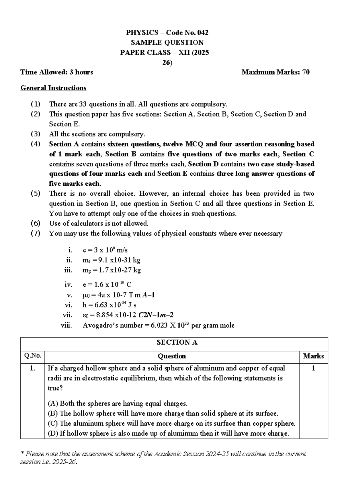 XII Physics Code No. 042 Sample Question Paper (2025-26) - Studocu